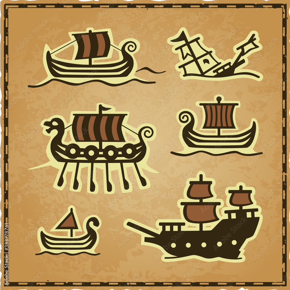 Vector icon set of featuring different types of ships (viking ship or ...