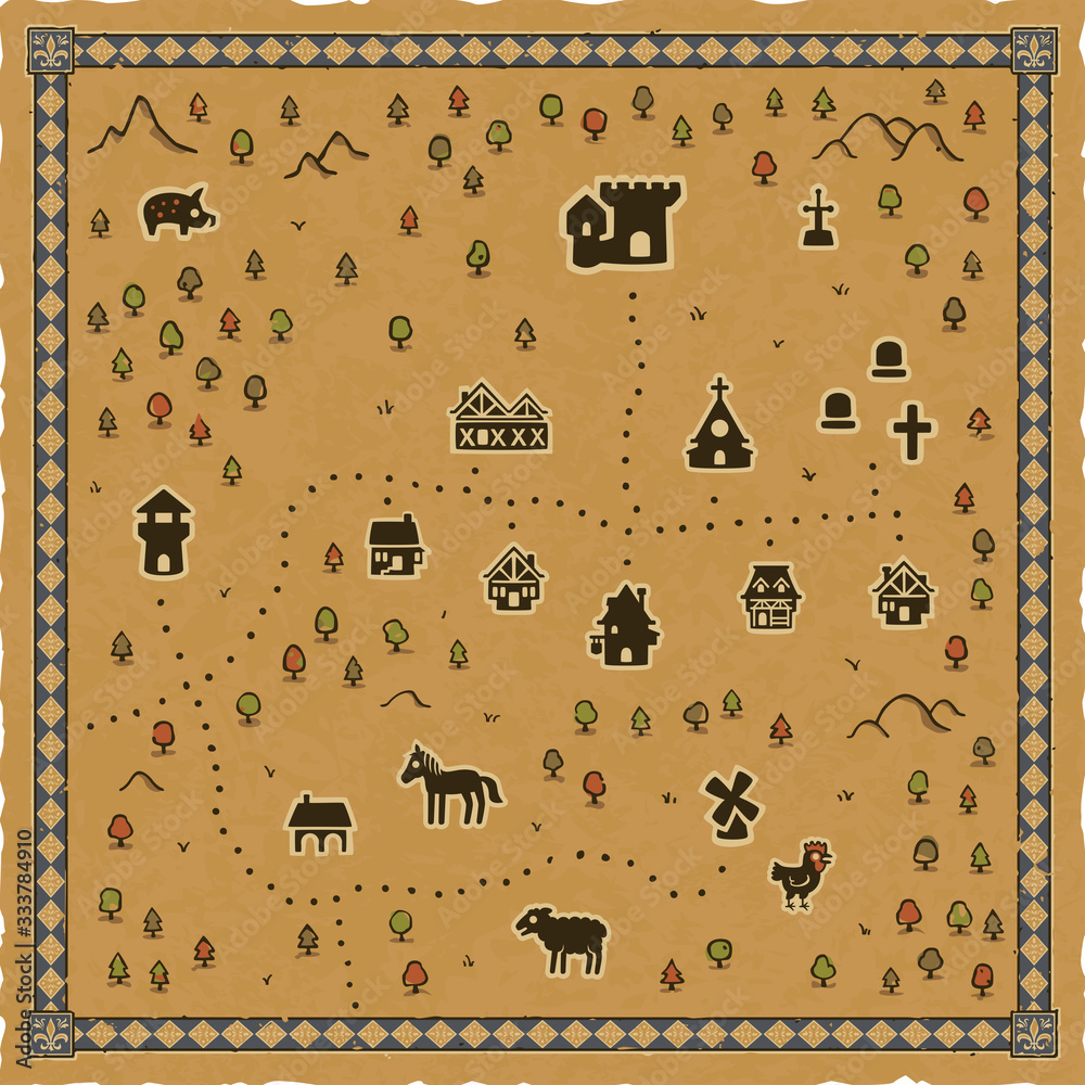 Poster Medieval town map with a castle, a sword, a cemetery, a church ...