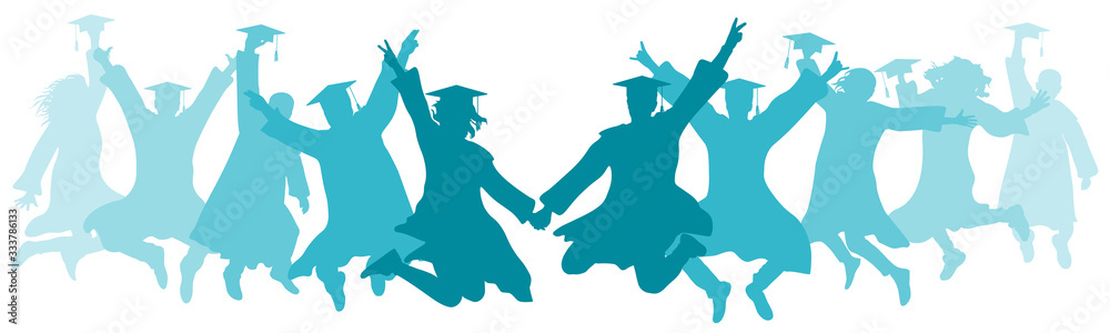 Students graduates jump, colorful silhouettes. Ceremony of graduation ...