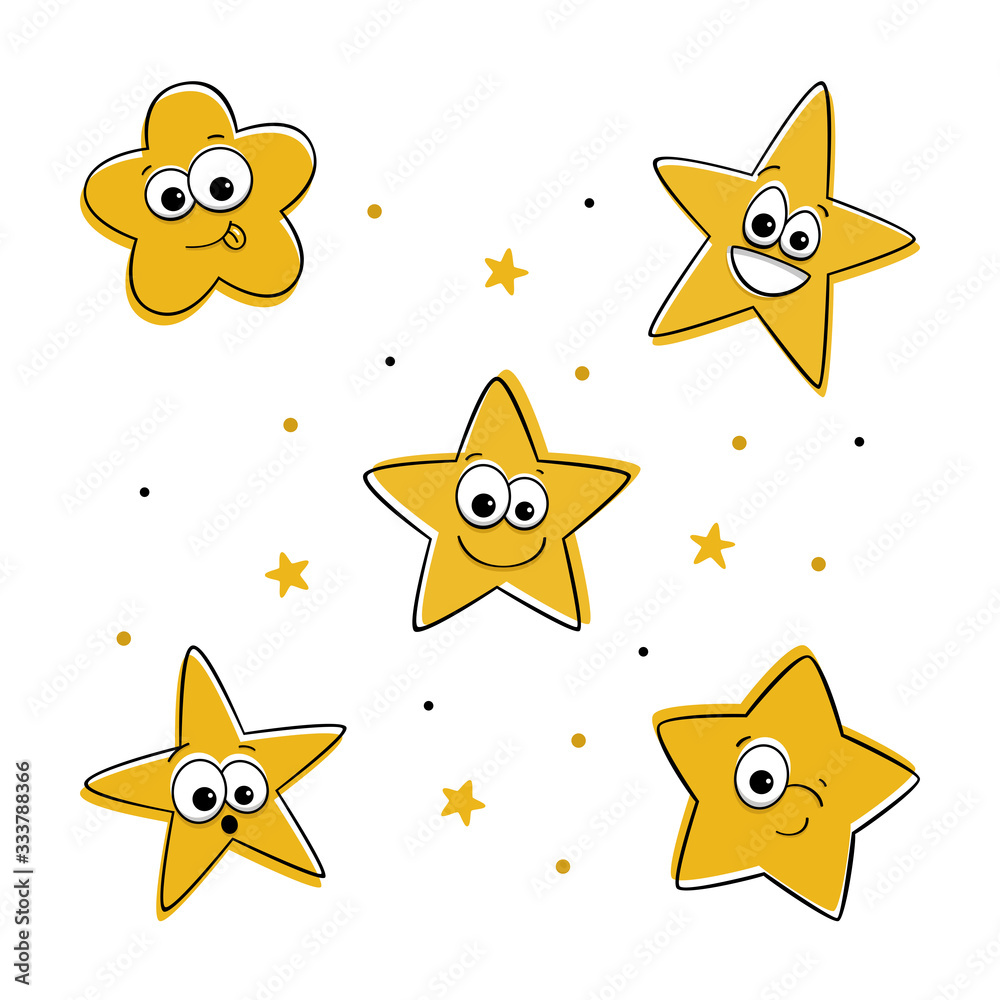Vector drawing of five funny yellow stars with facial features (winking, surprised, smiling ...
