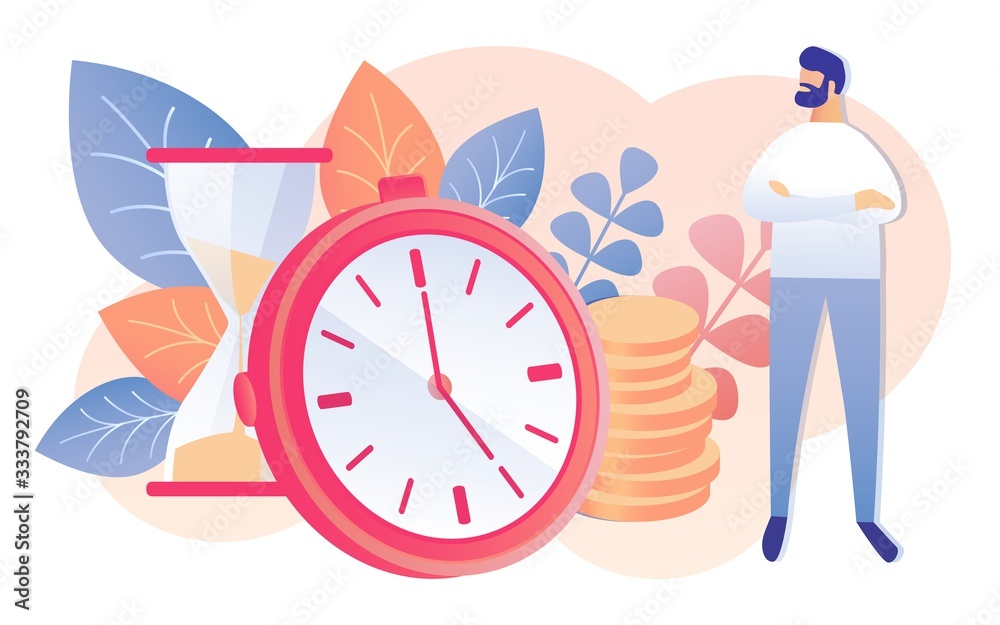 Cartoon Man with Hourglass Watch Golden Coin Stack Vector Illustration ...