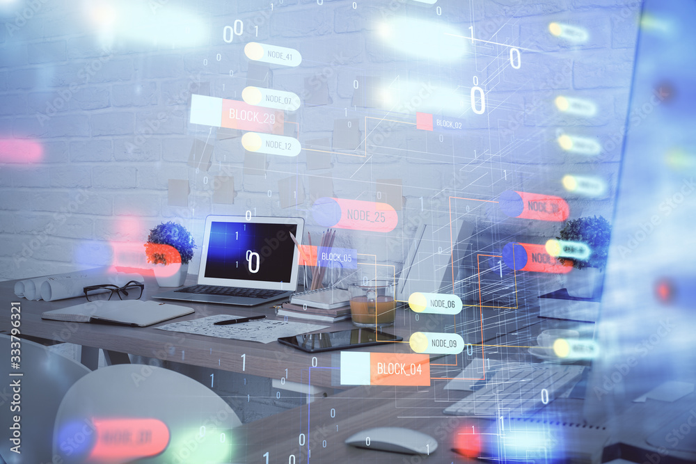 Double exposure of data theme drawing and office interior background ...