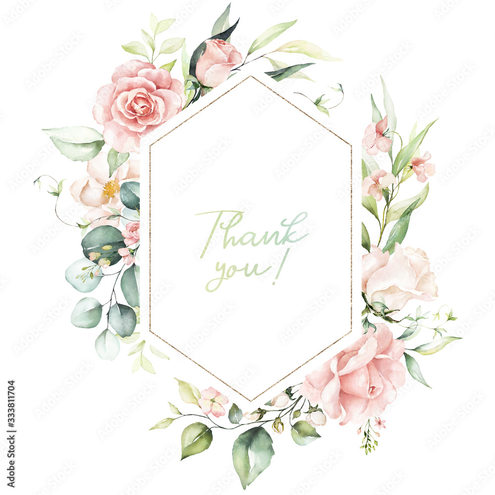 Watercolor floral frame / wreath - flowers, leaves and branches with ...