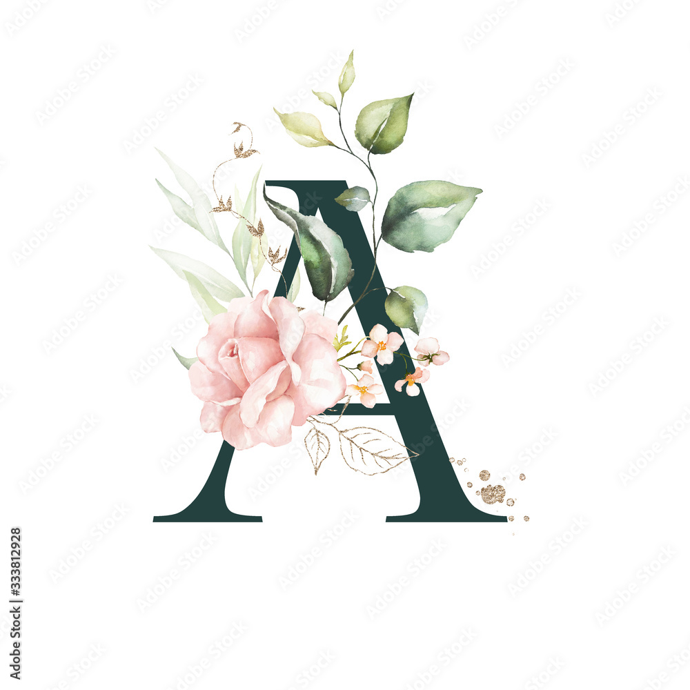 Dark Green Floral Alphabet - letter A with peach pink gold green ...