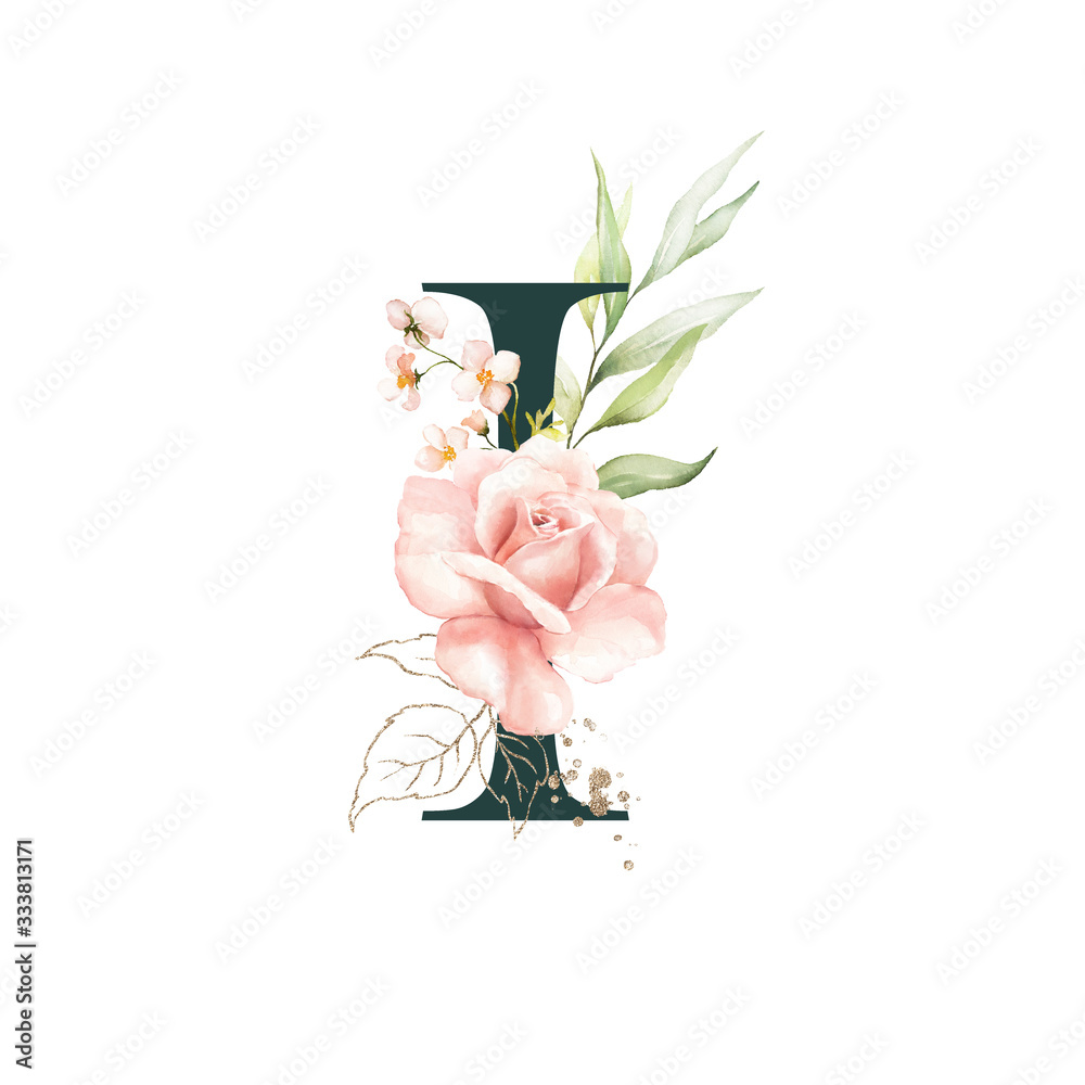 Dark Green Floral Alphabet - letter I with peach pink gold green ...