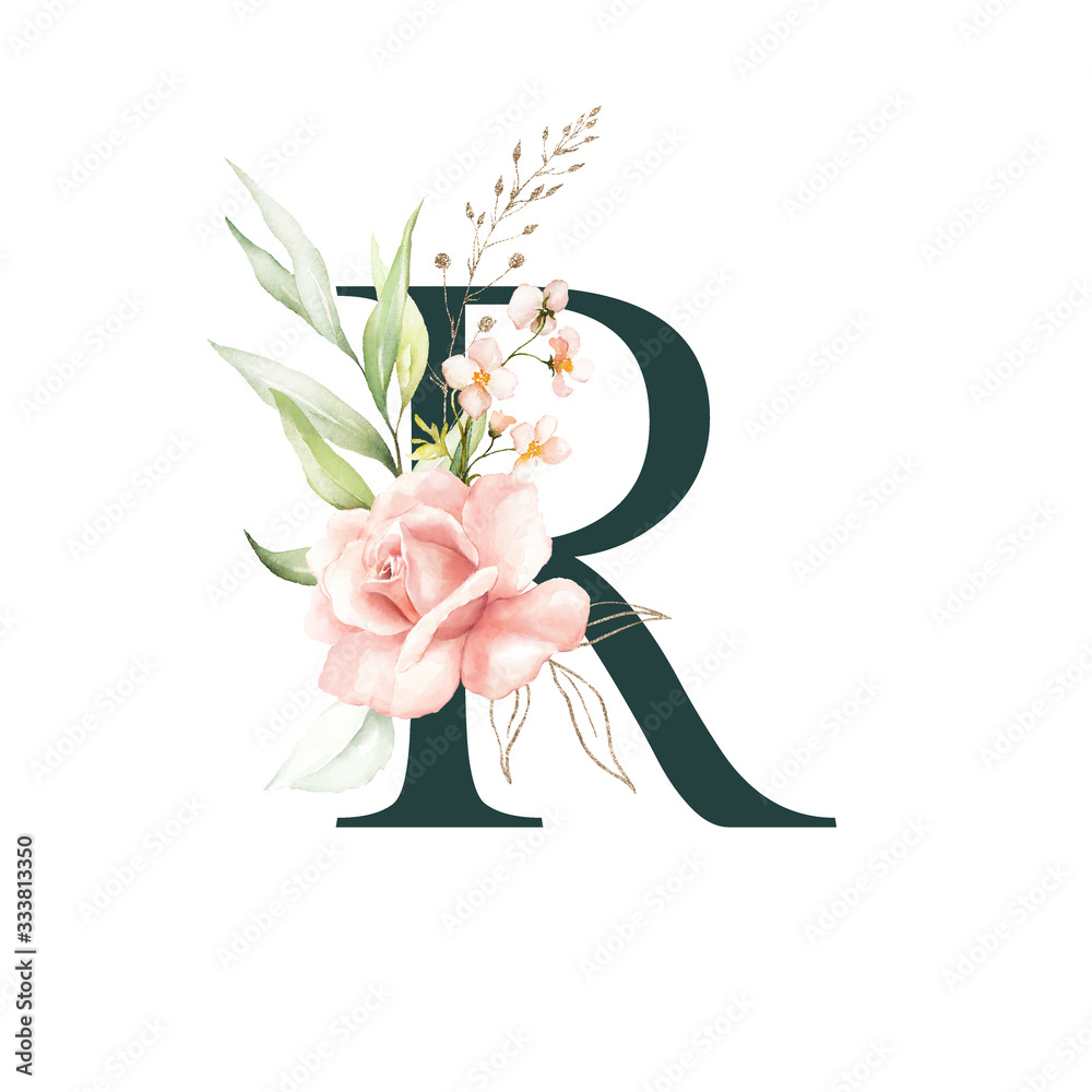 Dark Green Floral Alphabet - letter R with peach pink gold green ...
