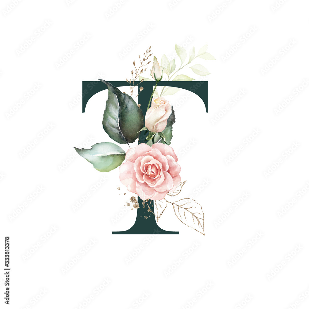 Dark Green Floral Alphabet - letter T with peach pink gold green ...
