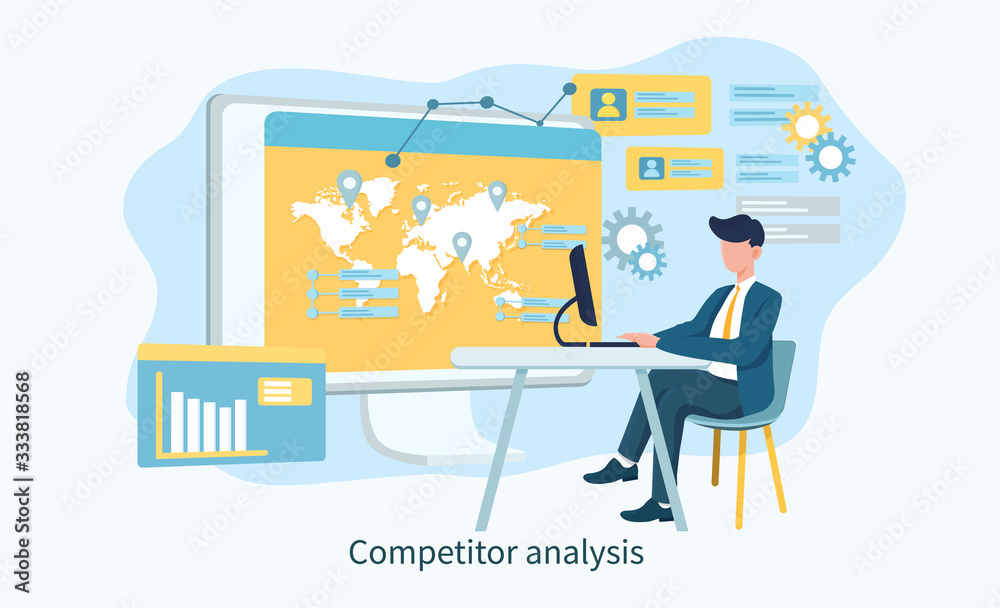 Illustrated competitor analysis concept and man on laptop with various ...