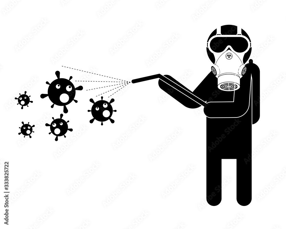 black stick figure man in a protective suit disinfects against viruses ...
