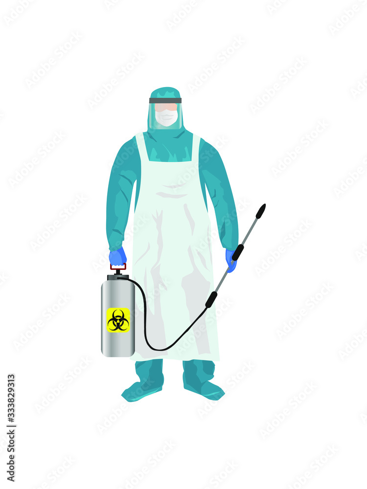 Person on full personal protective equipment (PPE) holding sprayer for ...
