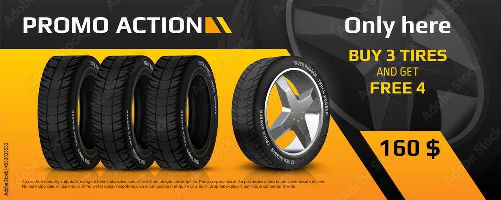 Realistic tire banner. Car wheel repair and auto rubber advertising ...