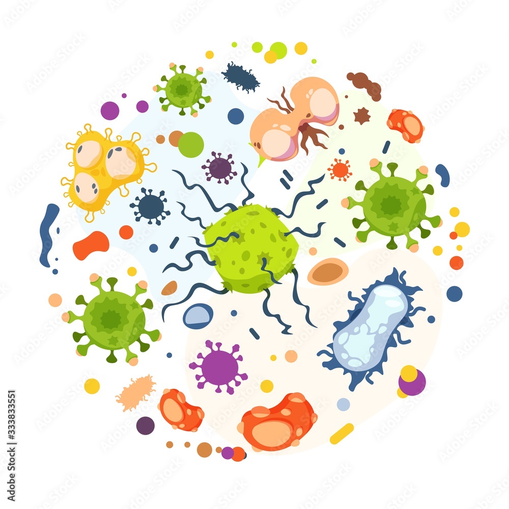 Cartoon bacteria. Virus infection, flu germs and micro organism in ...