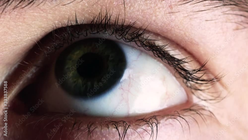 Close up macro shots of blue - green - yellowish eye reacting to light ...