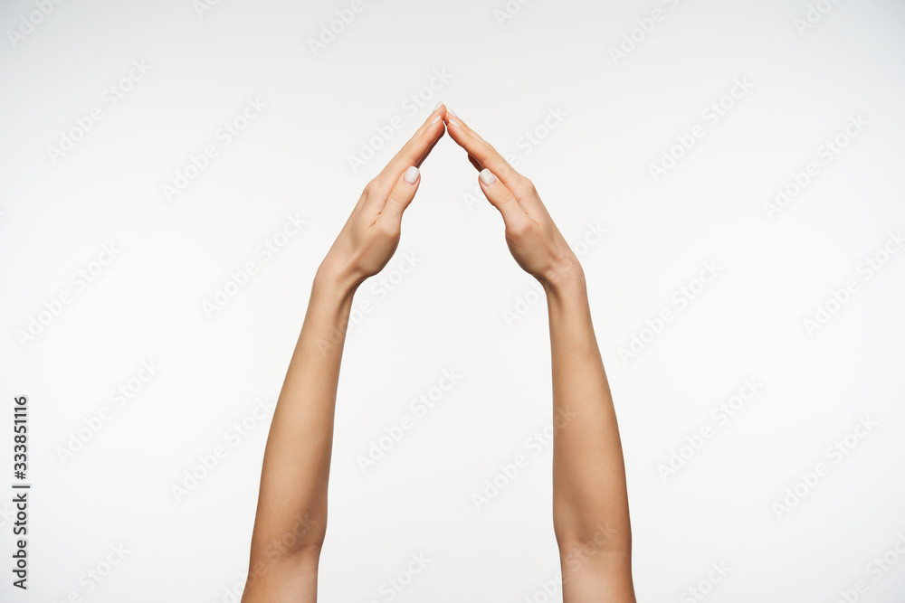 Elegant woman's hands being raised while posing over white background ...
