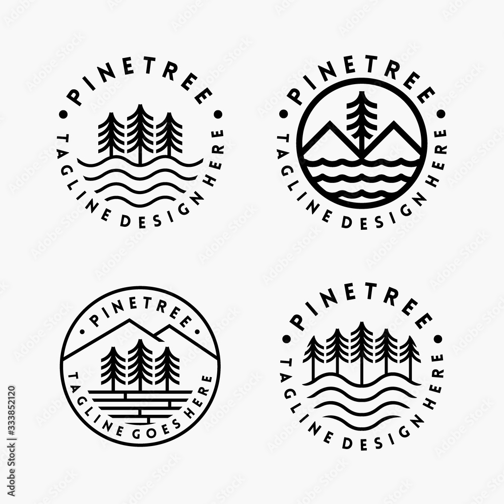 Set of Tree, Mountain, and Lake Outline Logo vector Template Stock ...