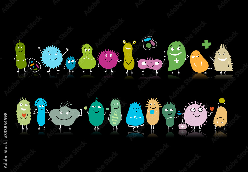 Funny and scary bacteria characters isolated on black. Vector icons of ...