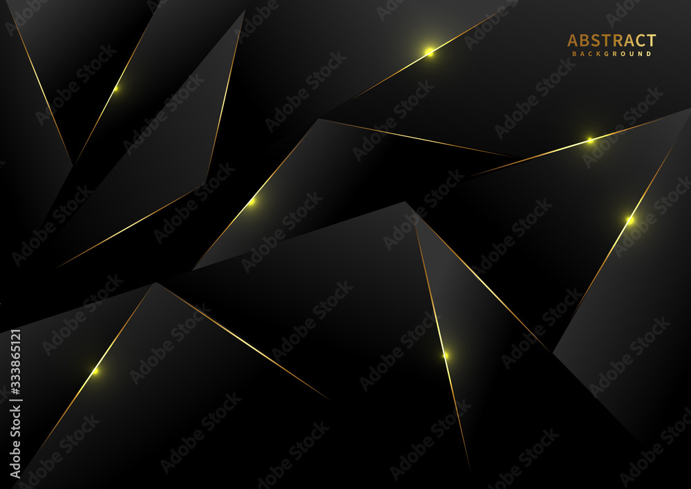 Abstract black polygon pattern with gold laser light lines on dark ...