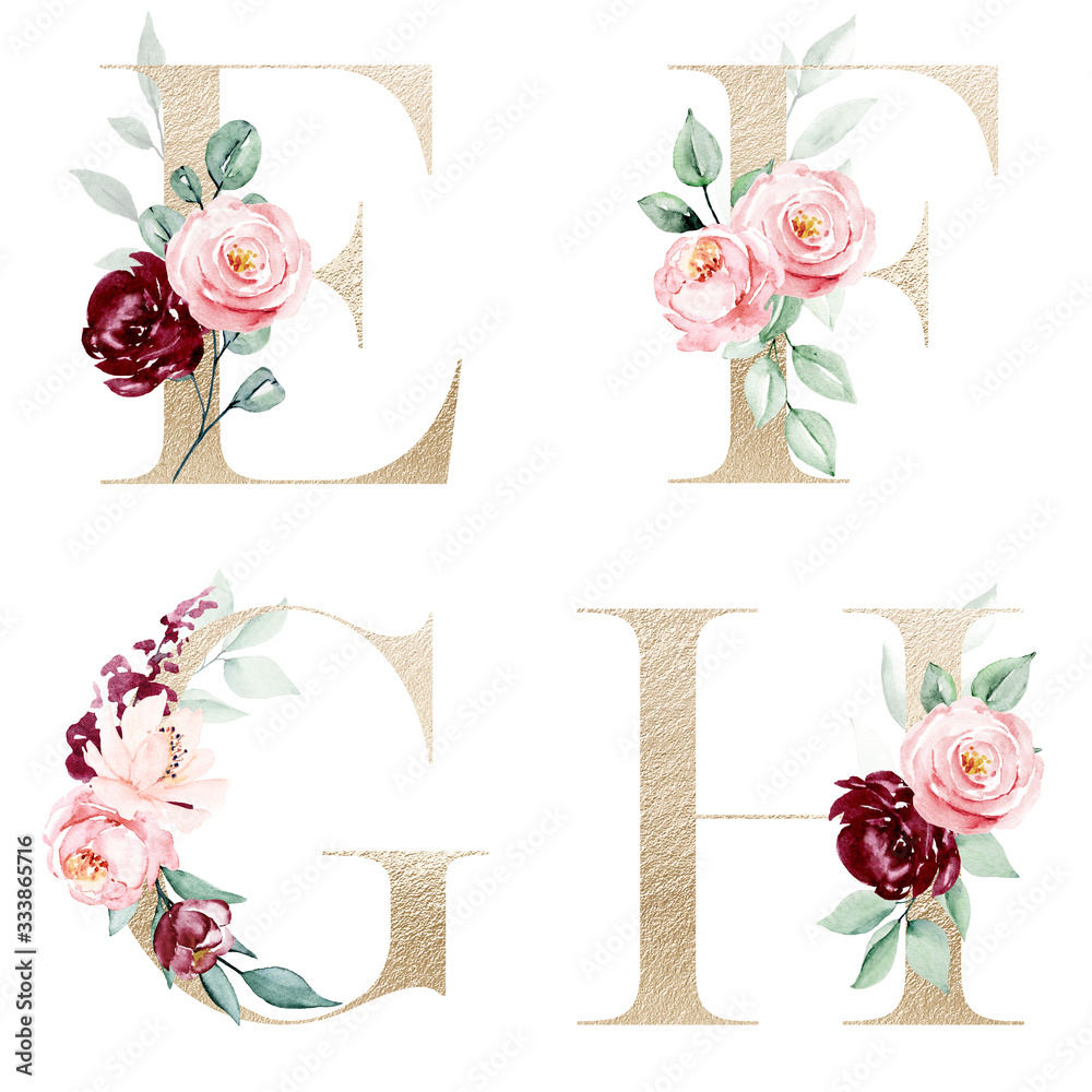Floral alphabet, gold letters set with watercolor flowers and leaf ...