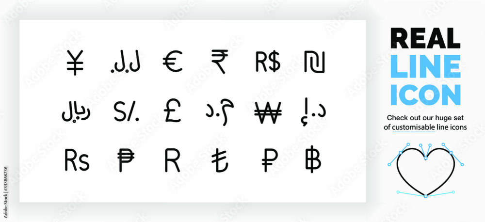Editable real line icon of a money currency symbol set used in world ...