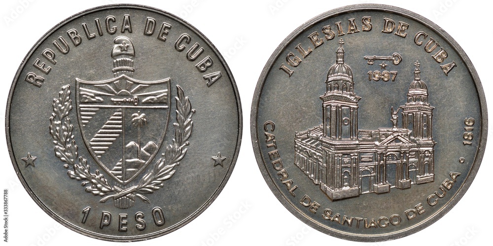 Cuba Cuban coin 1 one peso 1987, subject Churches of Cuba, shield with ...