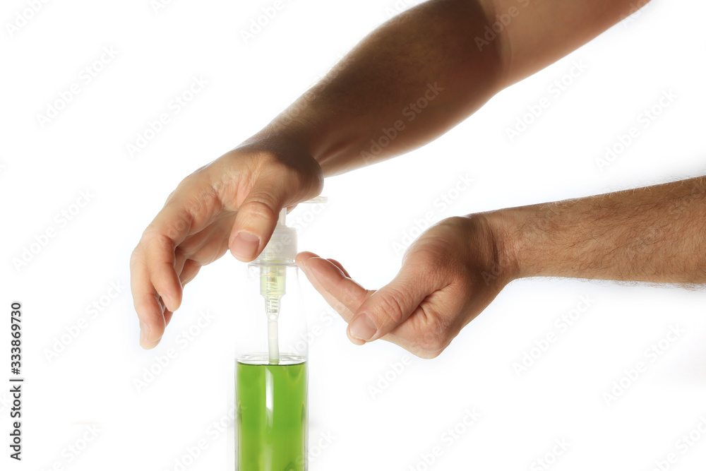 Handwashing with liguid gel soap. Hygene concept. Isolated on white ...