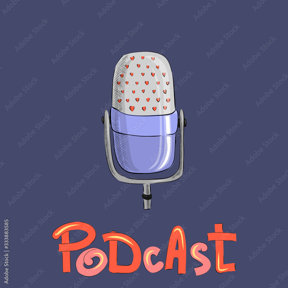 Studio microphone with podcast broadcast, flat cartoon style, media ...
