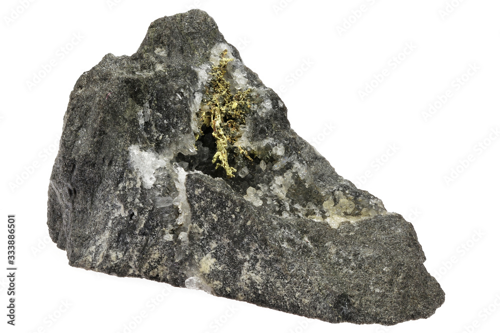 crystallized gold in matrix from Hungary isolated on white background ...