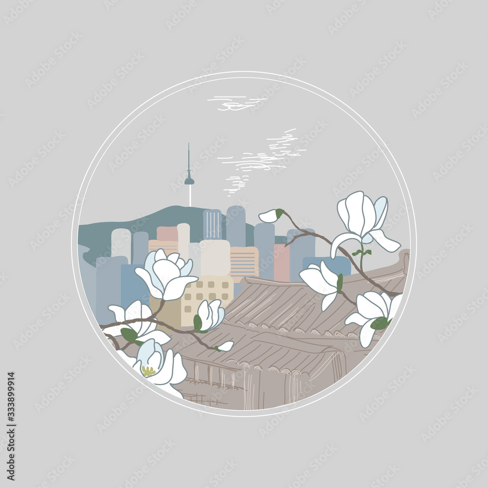 Seoul cityscape. Spring in South Korea. Magnolia blossom in asia ...