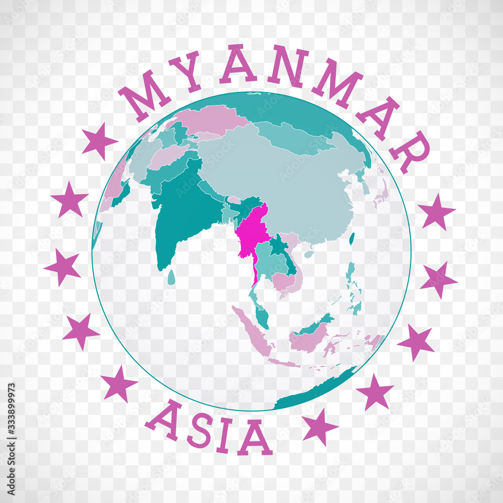 Myanmar round logo. Badge of country with map of Myanmar in world ...