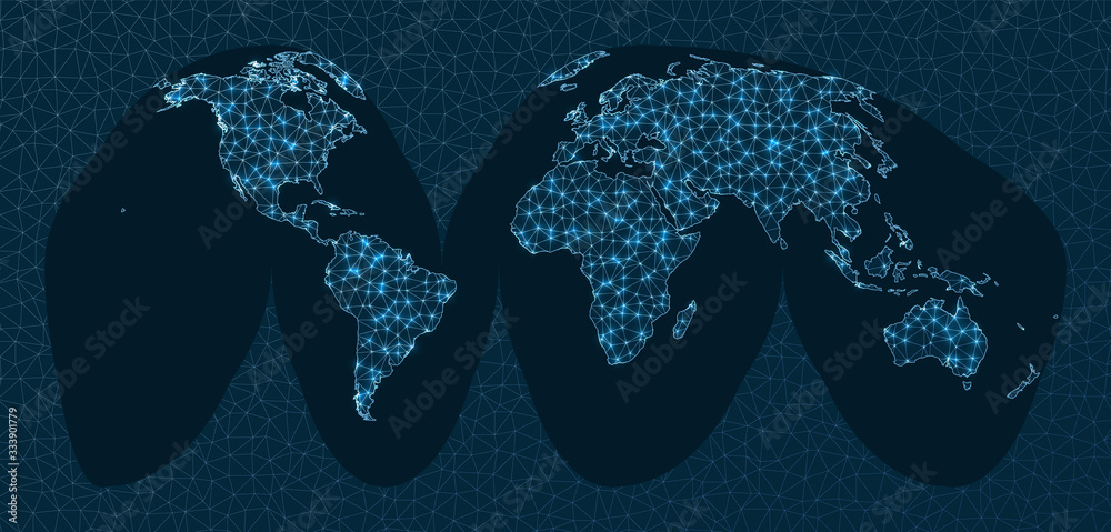 Abstract map of world network. Interrupted Homolosine projection. World ...