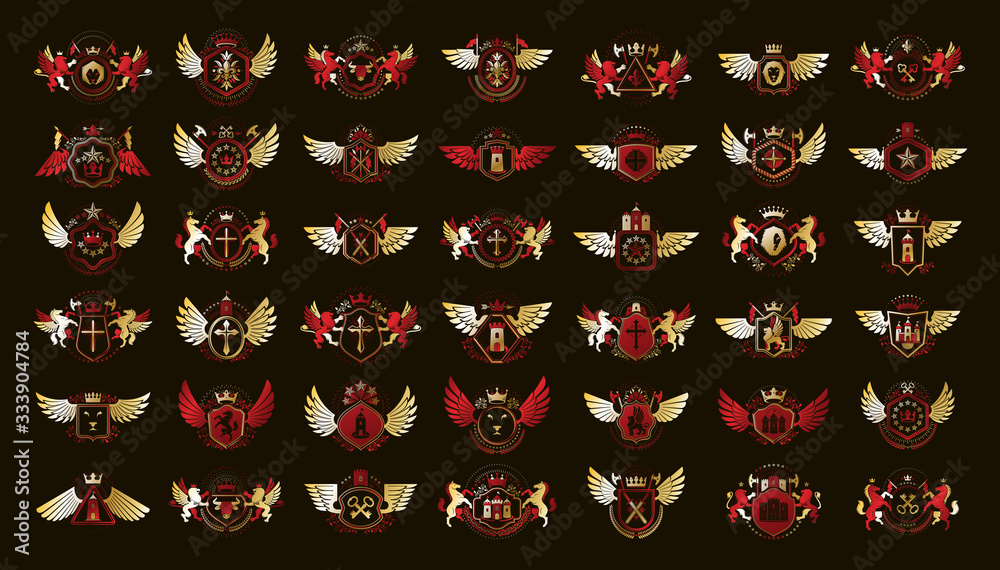 Classic style emblems big set, ancient heraldic symbols awards and ...