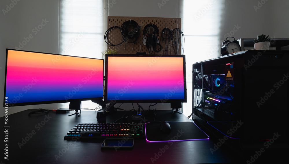 gamer workspace concept, top view a gaming gear, mouse, keyboard with ...