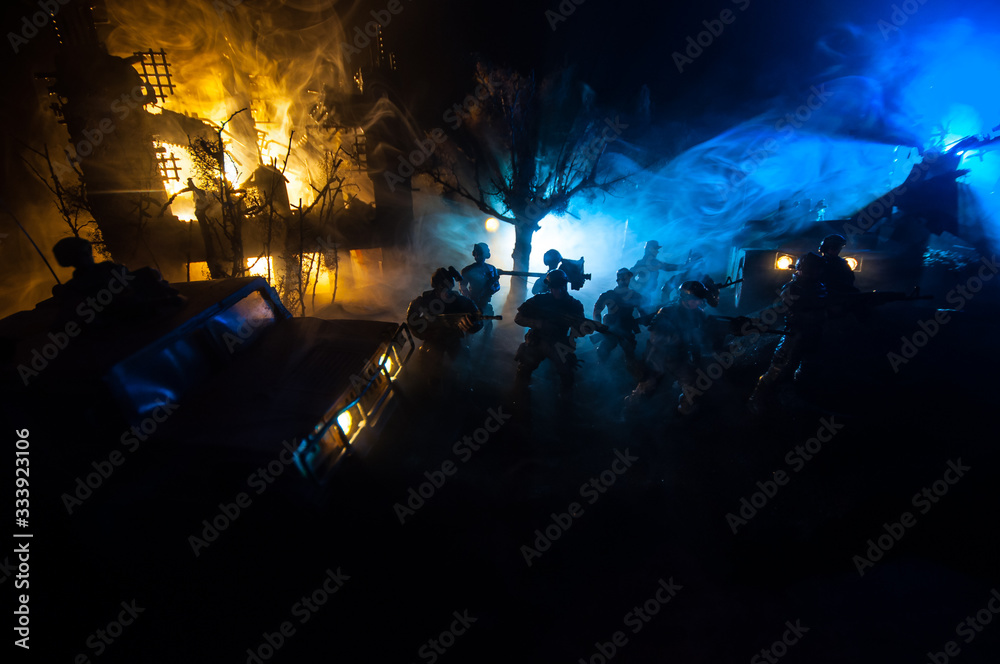 War Concept. Battle scene on war fog sky background, Fighting ...
