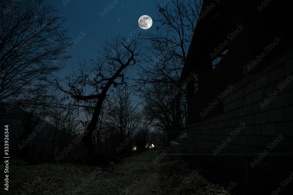 Full moon over quiet village at night. Beautiful night landscape of old ...