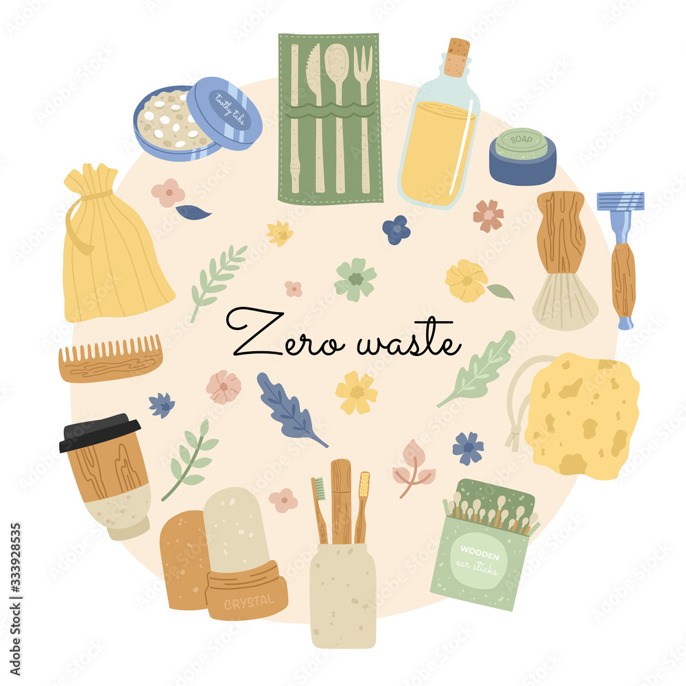 Hand drawing set of basic items zero waste on flowers background. Where ...