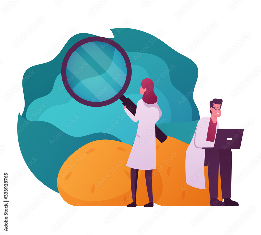 Scientist Characters In Lab Coats Learning Huge Vegetables With Glass