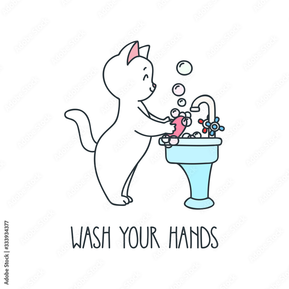 Wash Your Hands. Illustration of a happy cat washing his paws with a ...