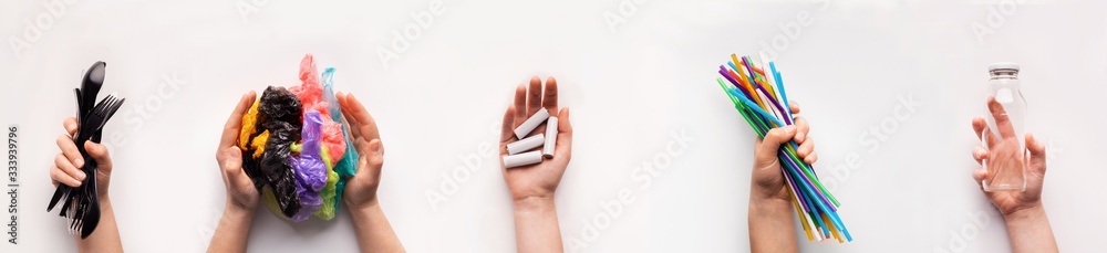 Waste recycling. Collage with people holding different types of ...