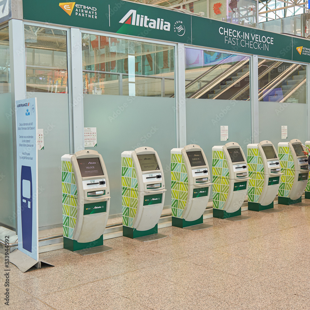 ROME, ITALY - CIRCA AUGUST, 2015: self check-in kiosks at Rome ...