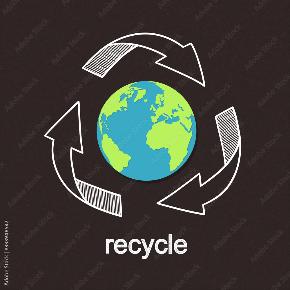 Earth globe with hand drawn recycle symbol over blackboard texture ...