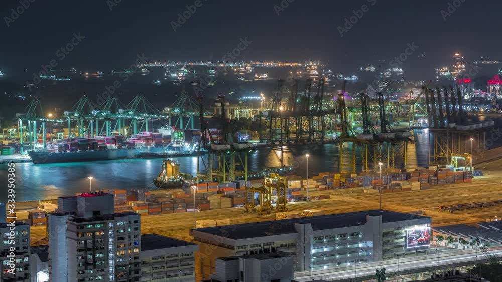 Vidéo Stock Commercial port of Singapore night timelapse. Panoramic ...
