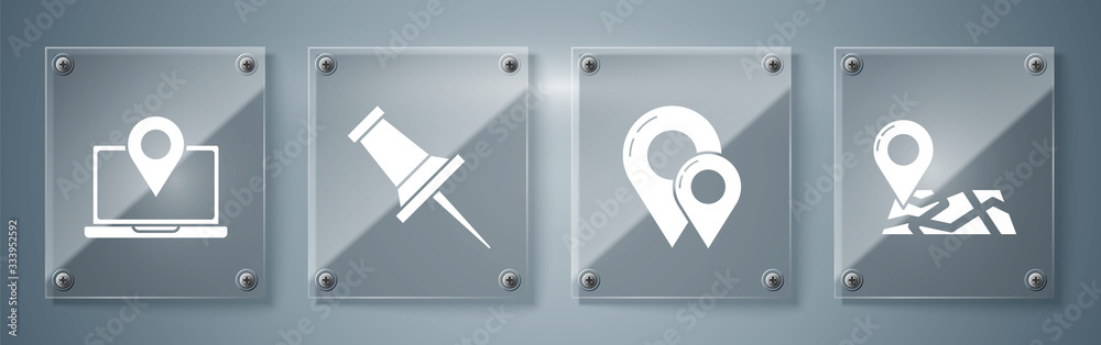 Set Folded map with location marker, Map pin, Push pin and Laptop with ...