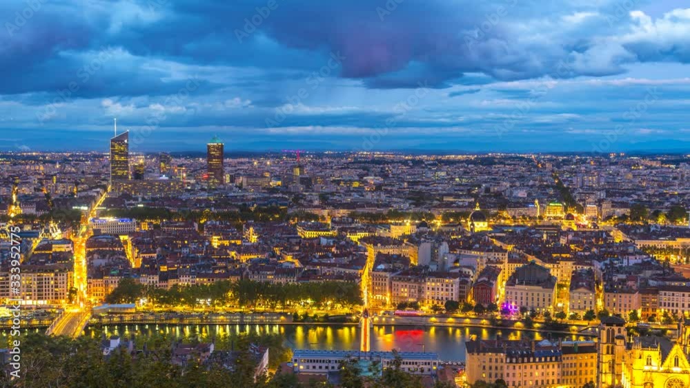 Lyon city skyline time lapse starting at day to night france Stock ...