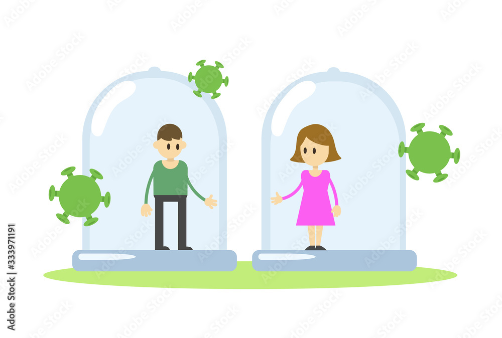 Cartoon people under glass dome with viruses flying around. Covid-19 ...