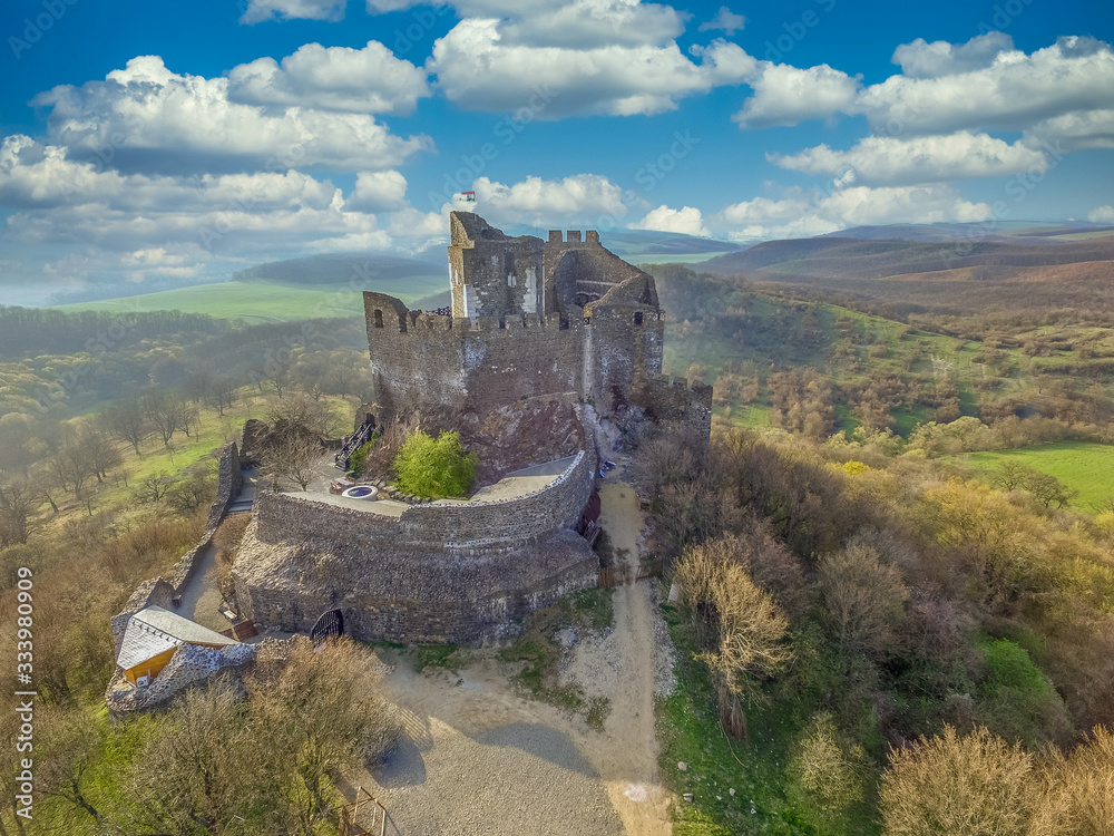 Aerial view of medieval ruined Holloko castle, UNESCO world heritage ...