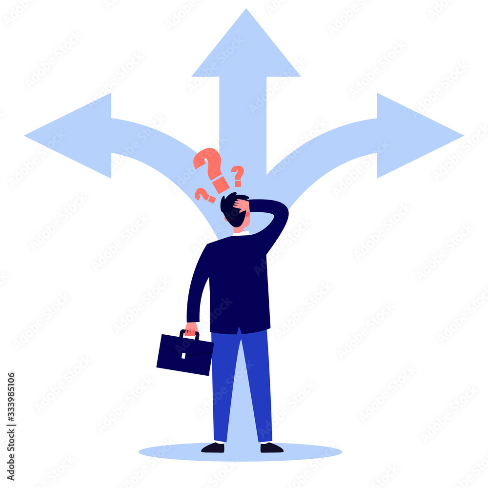 Adult person thinking about direction flat vector illustration. Man in ...