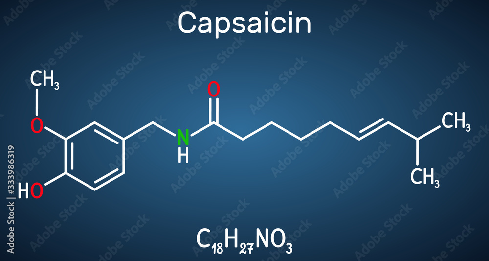 Capsaicin, alkaloid, C18H27NO3 molecule. It is chili pepper extract ...