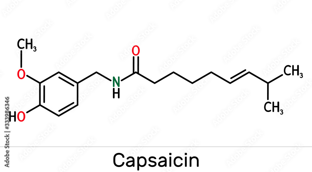 Capsaicin, alkaloid, C18H27NO3 molecule. It is chili pepper extract ...