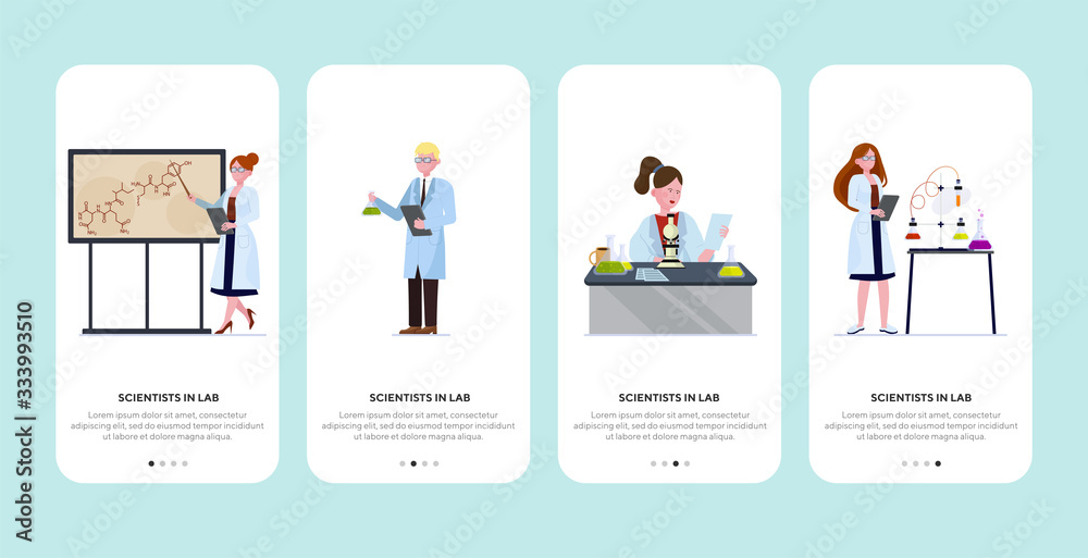 Scientists in lab set. Chemists presenting molecule structure, studying ...