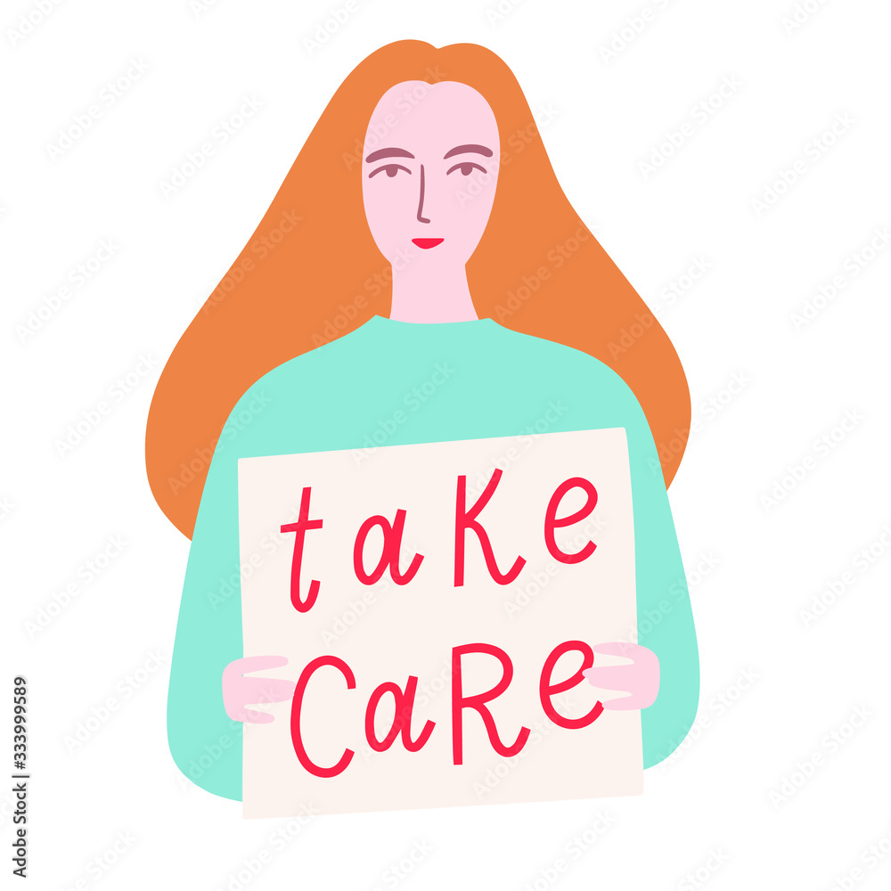 Vector illustration of a woman holding banner Take care. Coronavirus ...